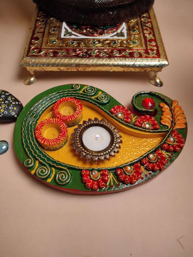 Wooden Kundan Kairi Shaped Puja Thali - SaarthiOnline